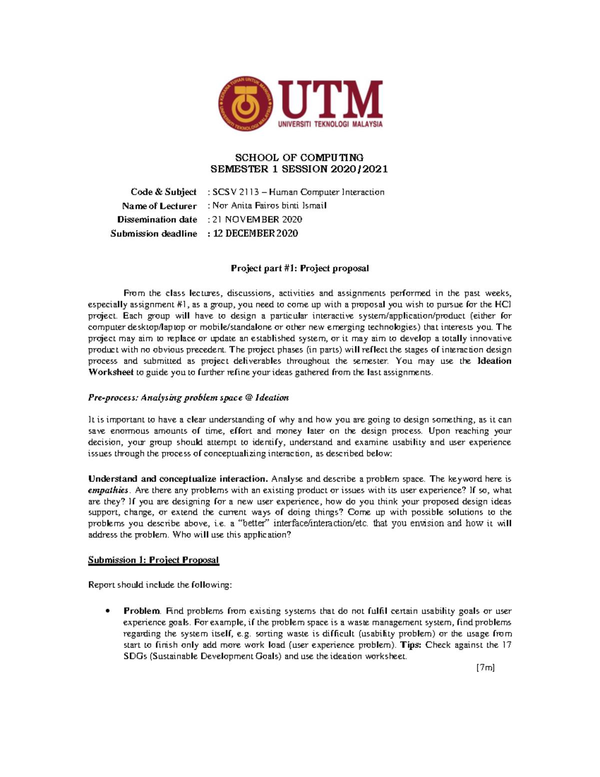 SCSV 2113 - HCI Project Proposal (Part 1) - Semester 1 Session 2020/21 ...