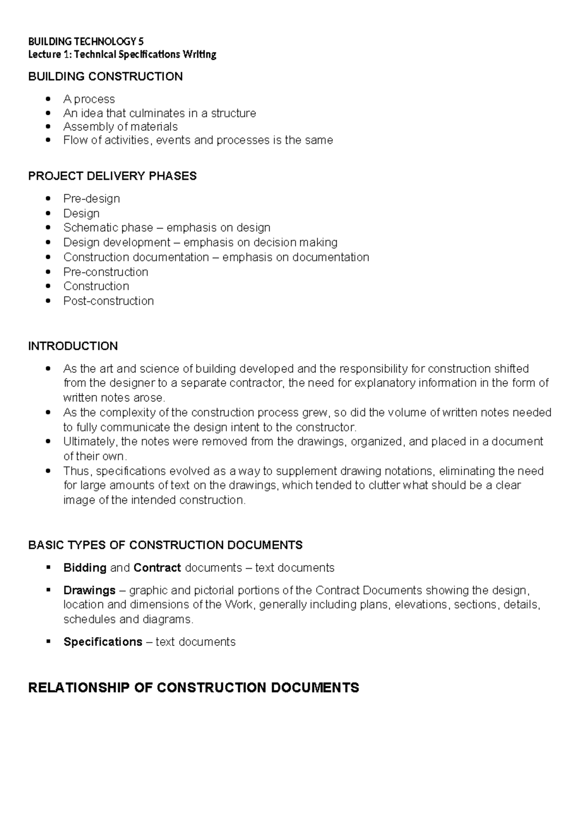 BUILDING TECHNOLOGY 5 Lecture 1: Writing Technical Specifications - Studocu