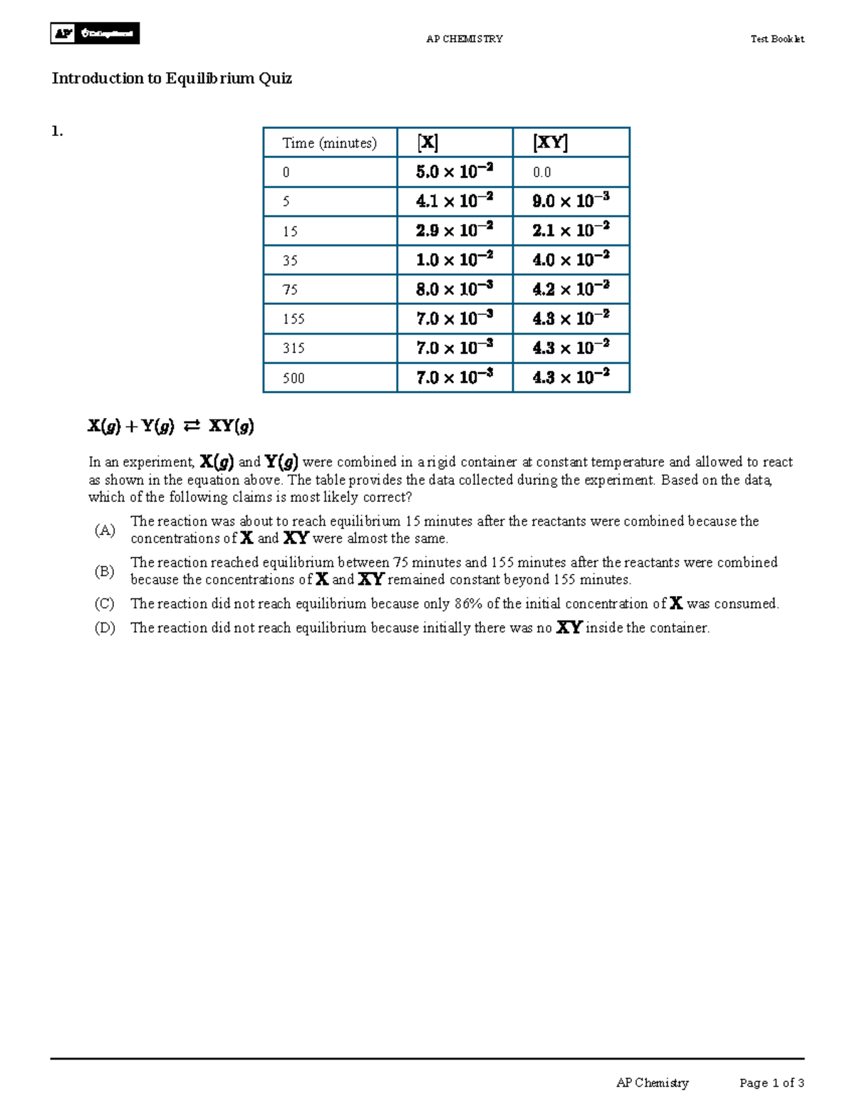 AP CHEMISTRY Quiz 1 & 2: Introduction to Equilibrium Analysis - Studocu