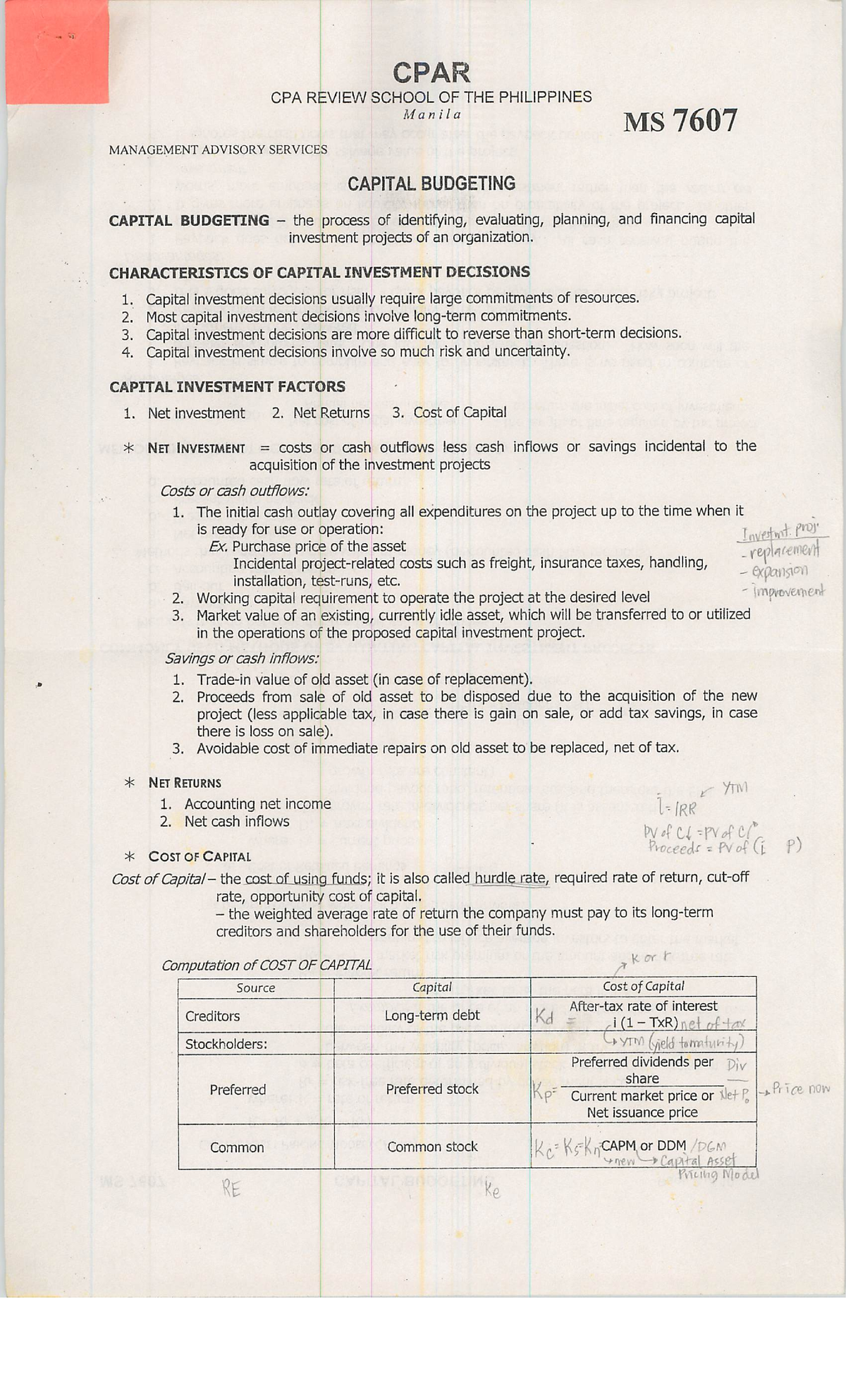 MS 7607 CAPITAL BUDGETING: Key Concepts and Evaluation Techniques - Studocu