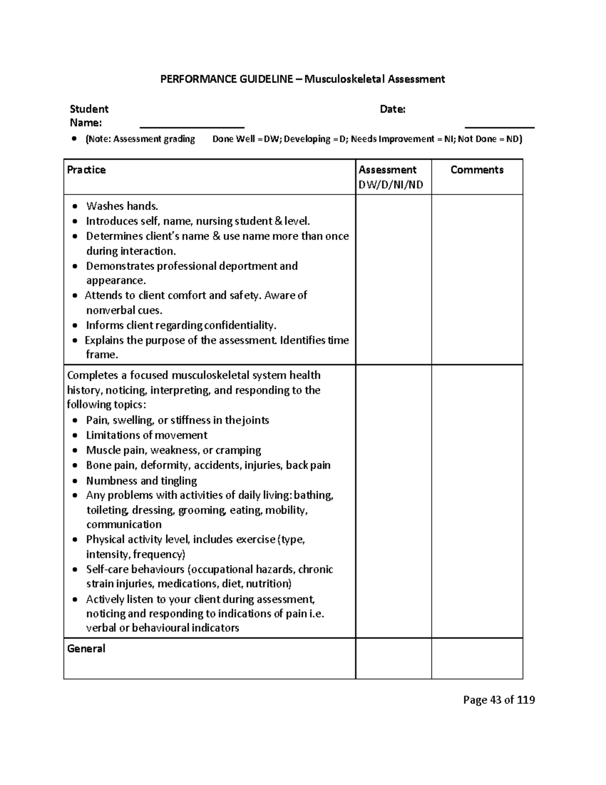 Msk Assessment Performance Guidelines for Nursing Students - Studocu