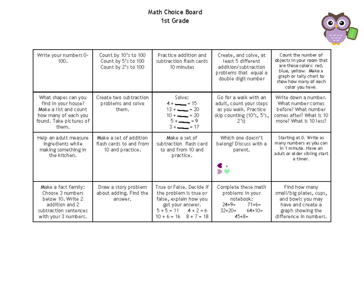 1st Grade Math Choice Board - Math Choice Board 1st Grade Write your ...