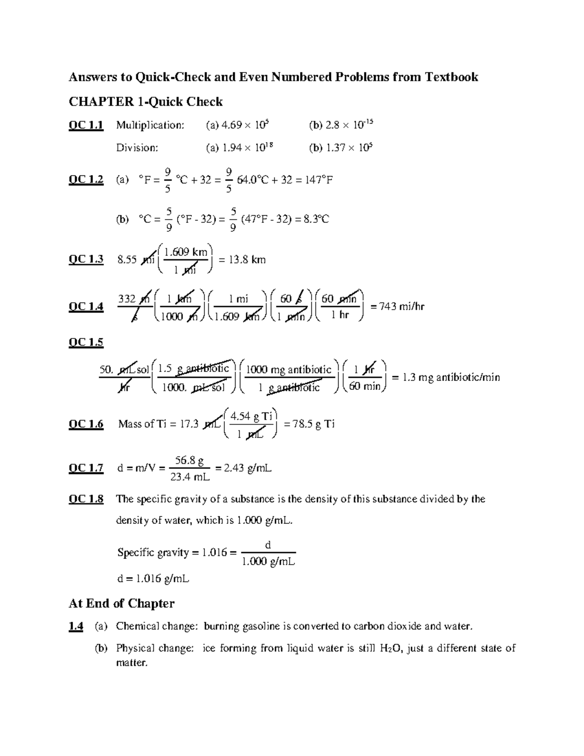 Answers to Even Numbered Problems Unit 1 - Answers to Quick-Check and Even Numbered Problems ...