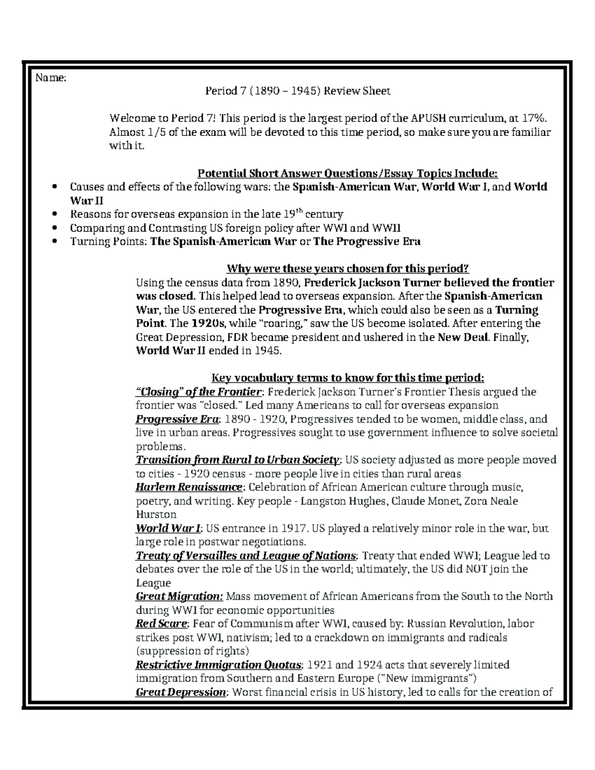 APUSH Period 7 (1890-1945) Review Sheet: Key Concepts & Topics - Studocu