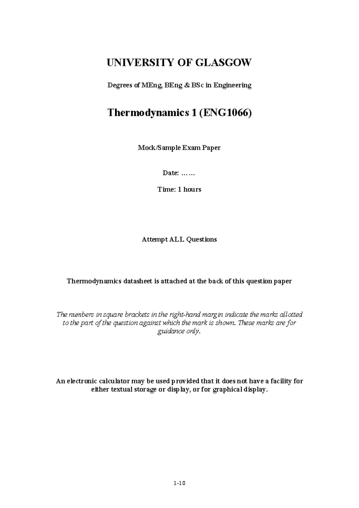 Mock Exam Paper 1 Solutions for ENG1066 Thermodynamics 1 - Studocu