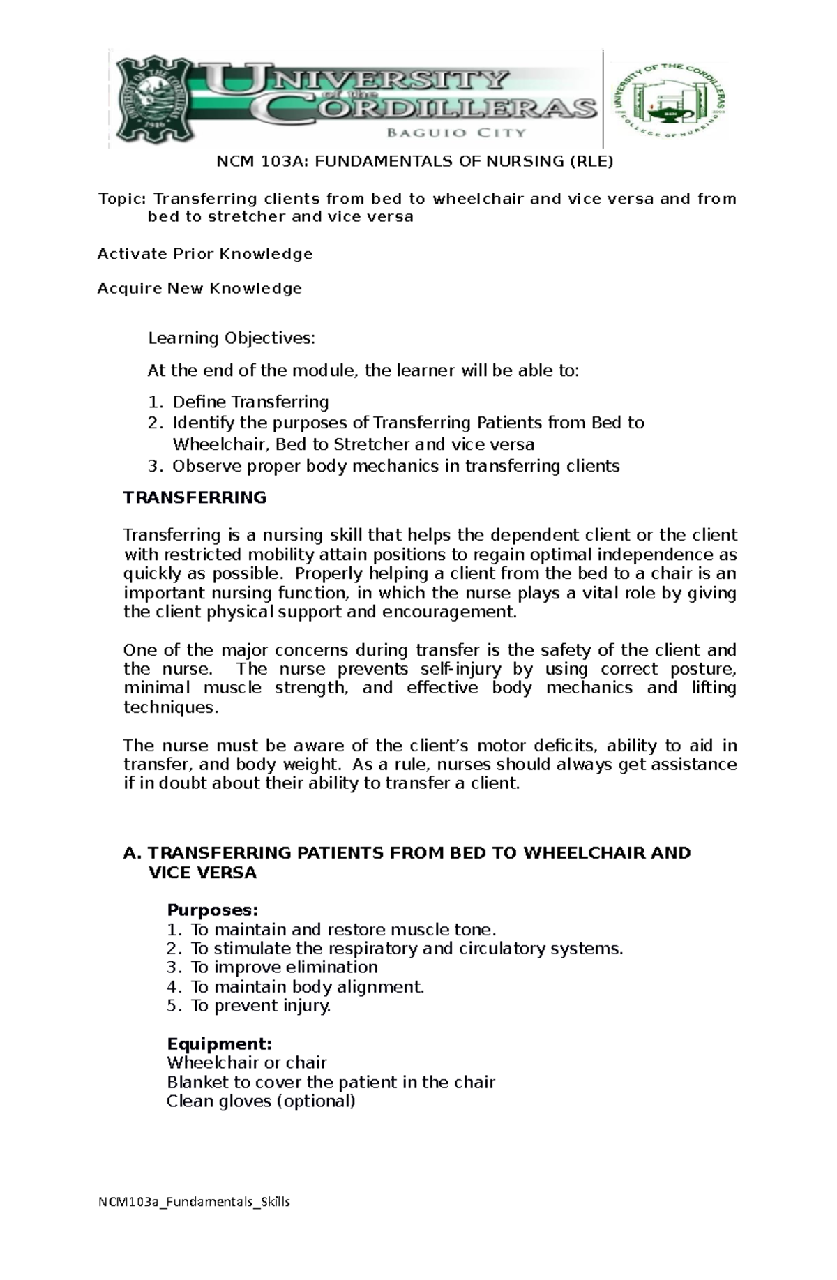 NCM 103A: Transferring Patients: Bed to Wheelchair & Stretcher Guide ...