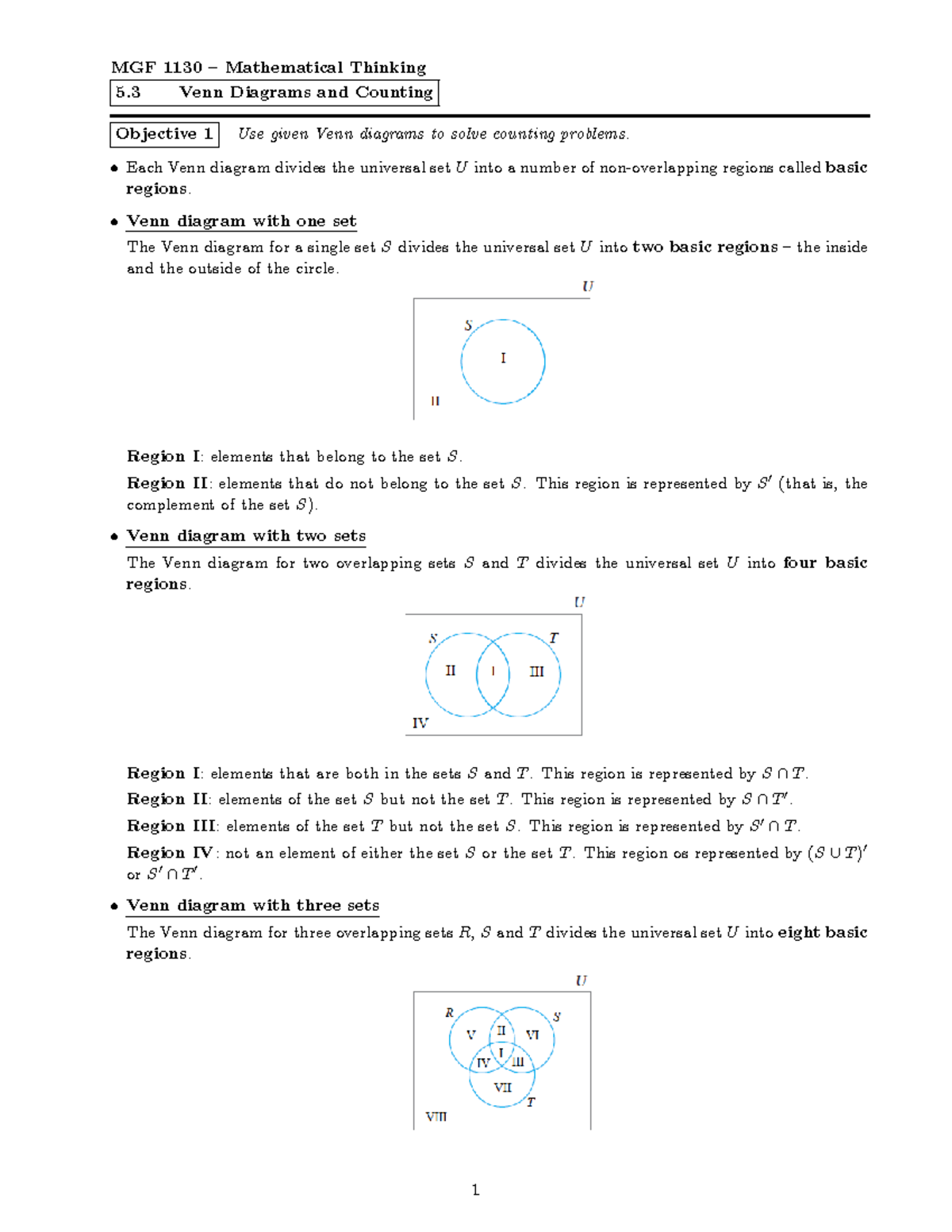 Mathematical Thinking: Venn Diagrams & Counting Problems (MGF 1130 ...