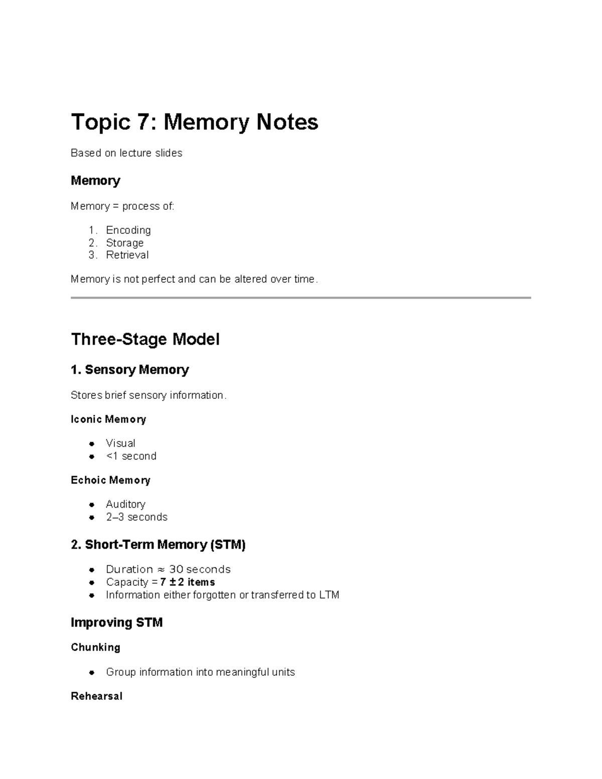 Topic 7: Memory Notes - PSYC Lecture Insights and Key Concepts - Studocu
