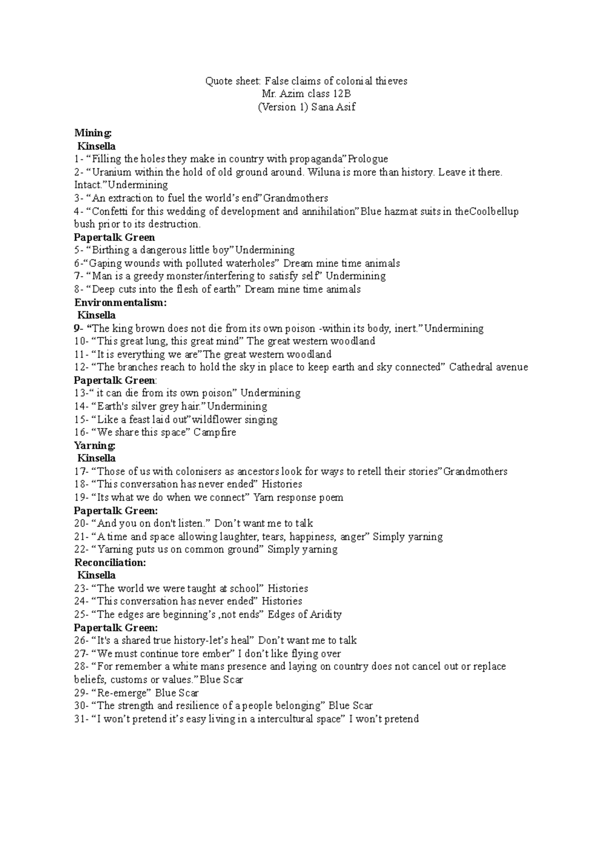 False Claims of Colonial Thieves: Quote Sheet for Class 12B - Studocu