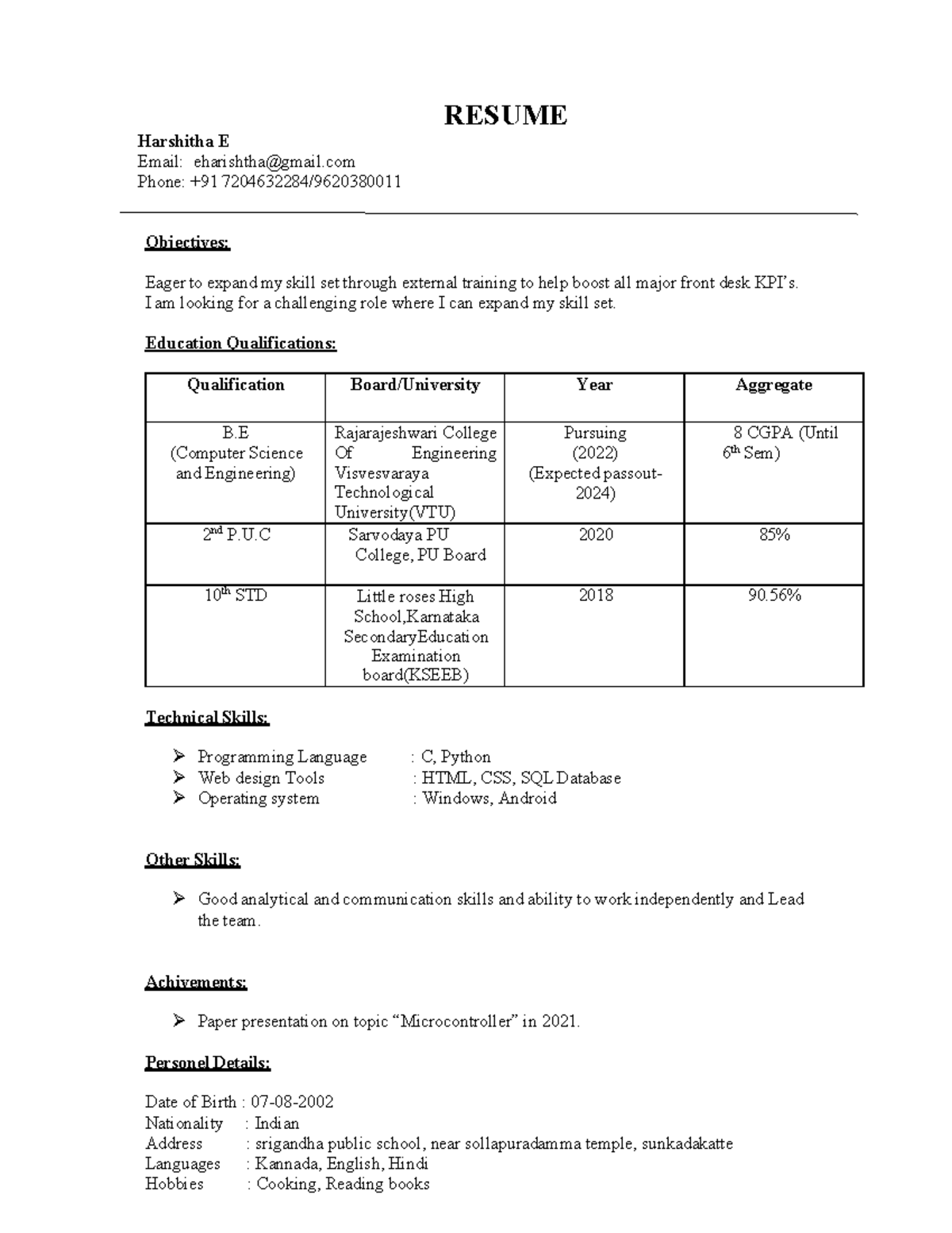 Resume of Harshitha E - B.E. in Computer Science (2024) - Studocu