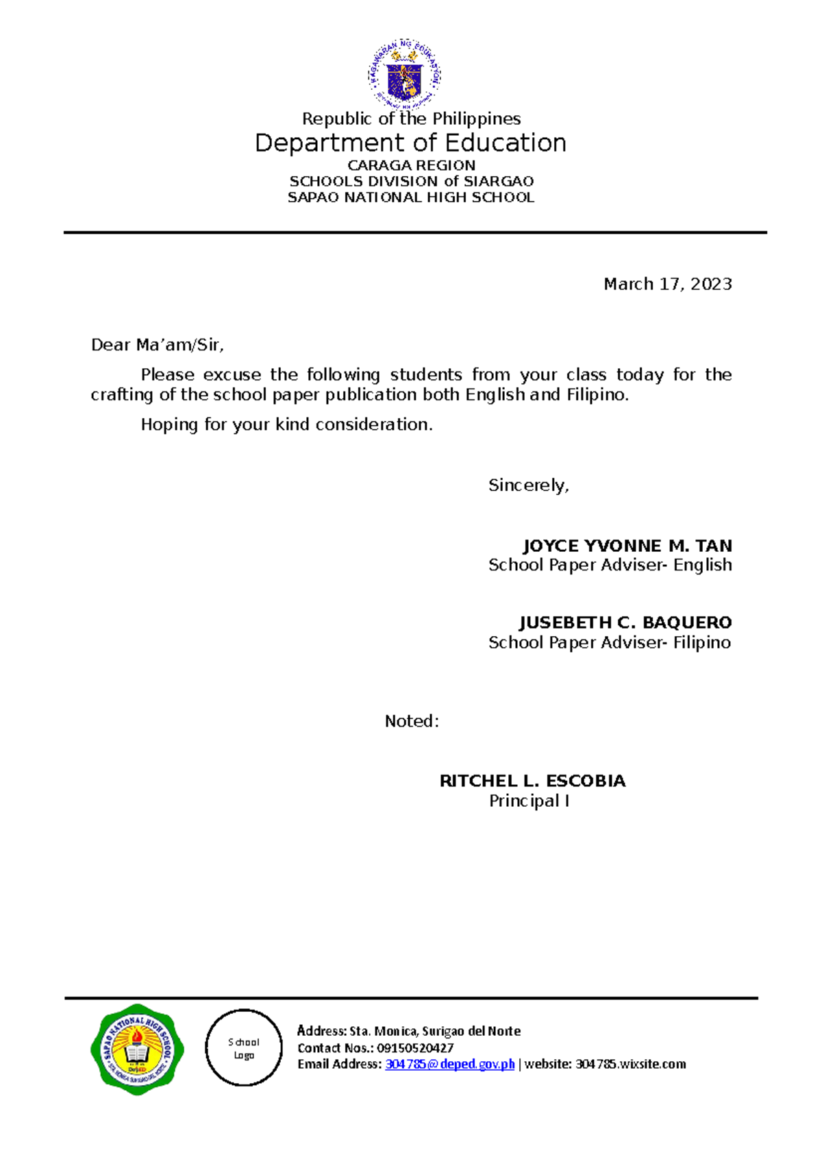 Excuse Letter for Students in English & Filipino Classes - Studocu