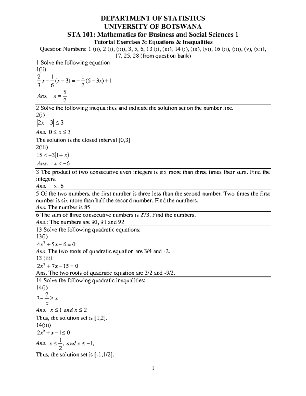 T 3-Ch 2 Equations & Inequalities Questions - STA 101 2024 - Studocu