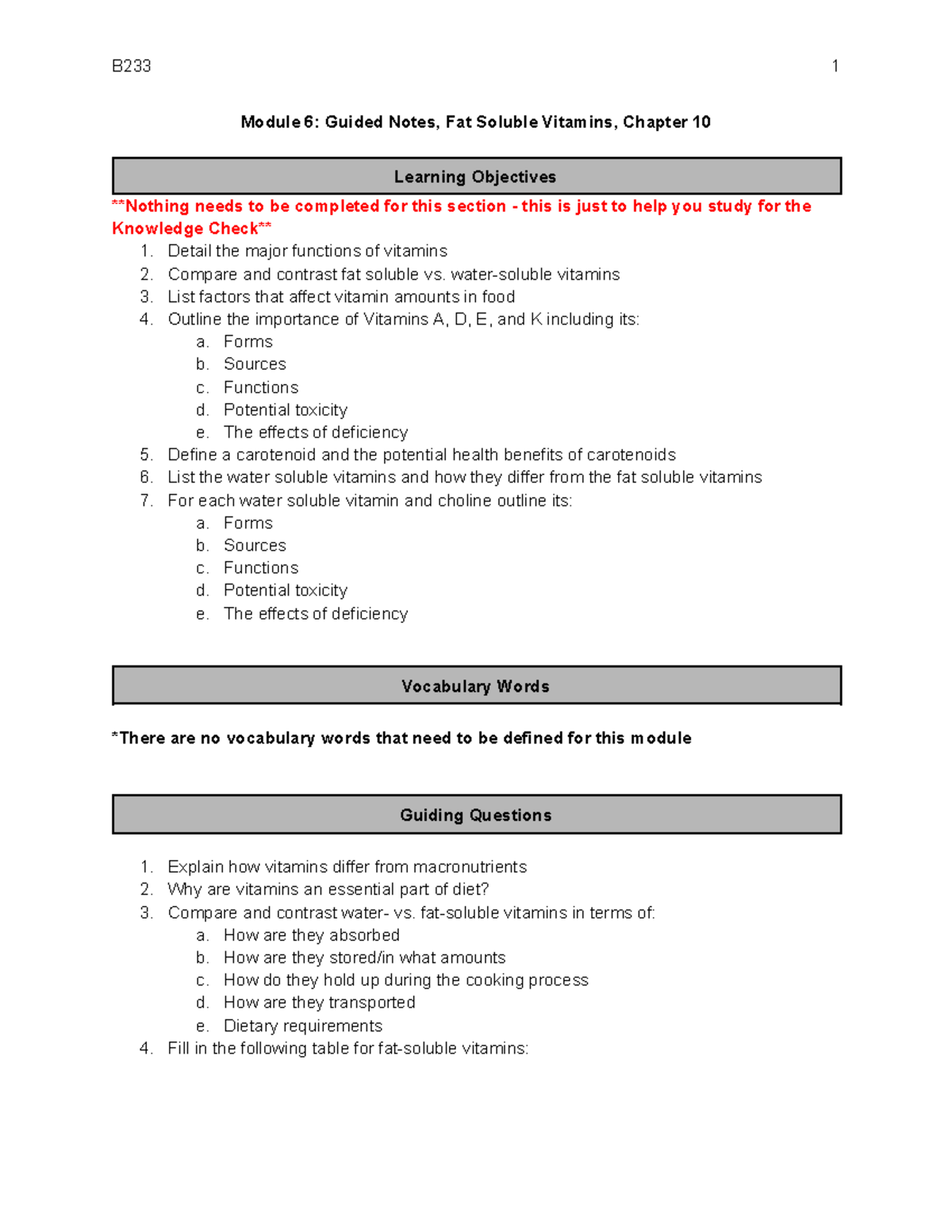 Module 6: Guided Notes on Fat-Soluble Vitamins & Supplements (B233 ...