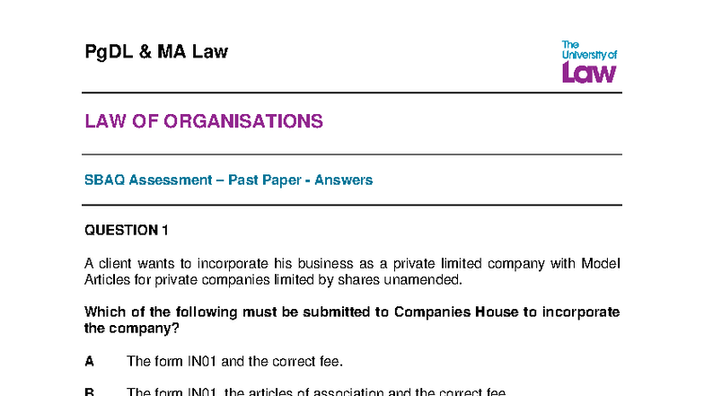 2223 PgDL MA Law: Organisations Past Paper SBAQ Answers - Studocu