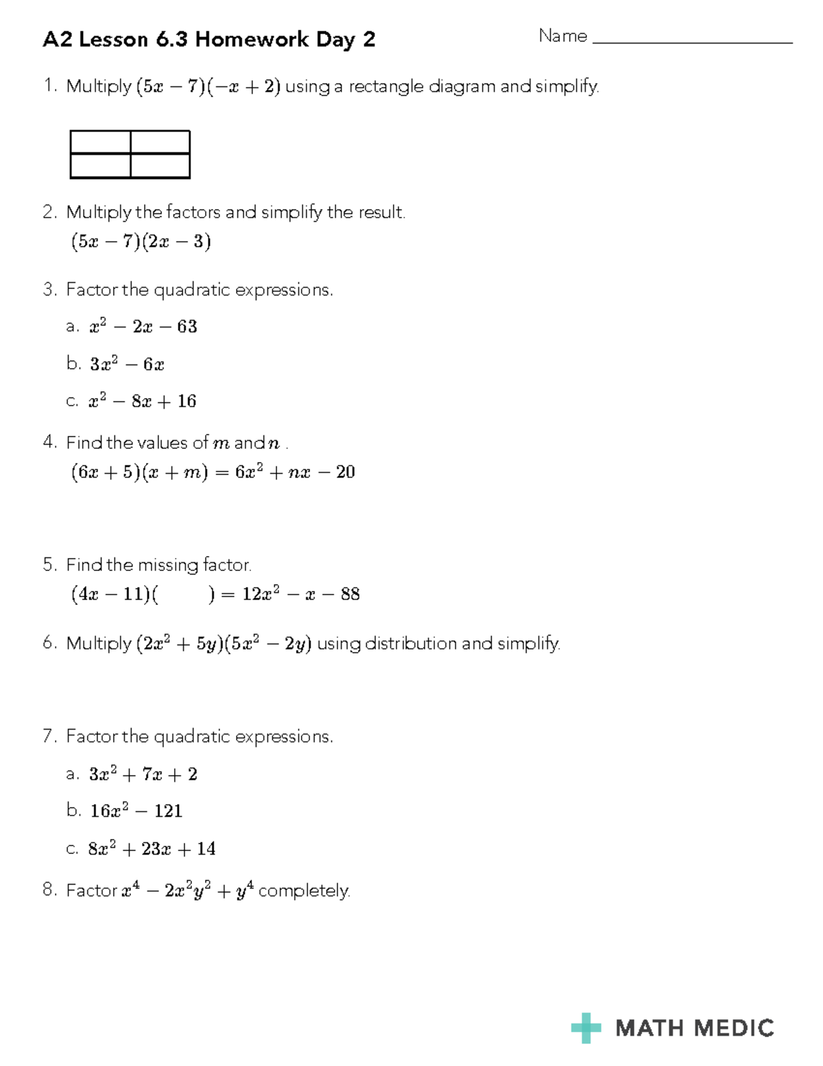A2 Math Medic Homework Day 2 (6.3) - Advanced Problems and Solutions ...
