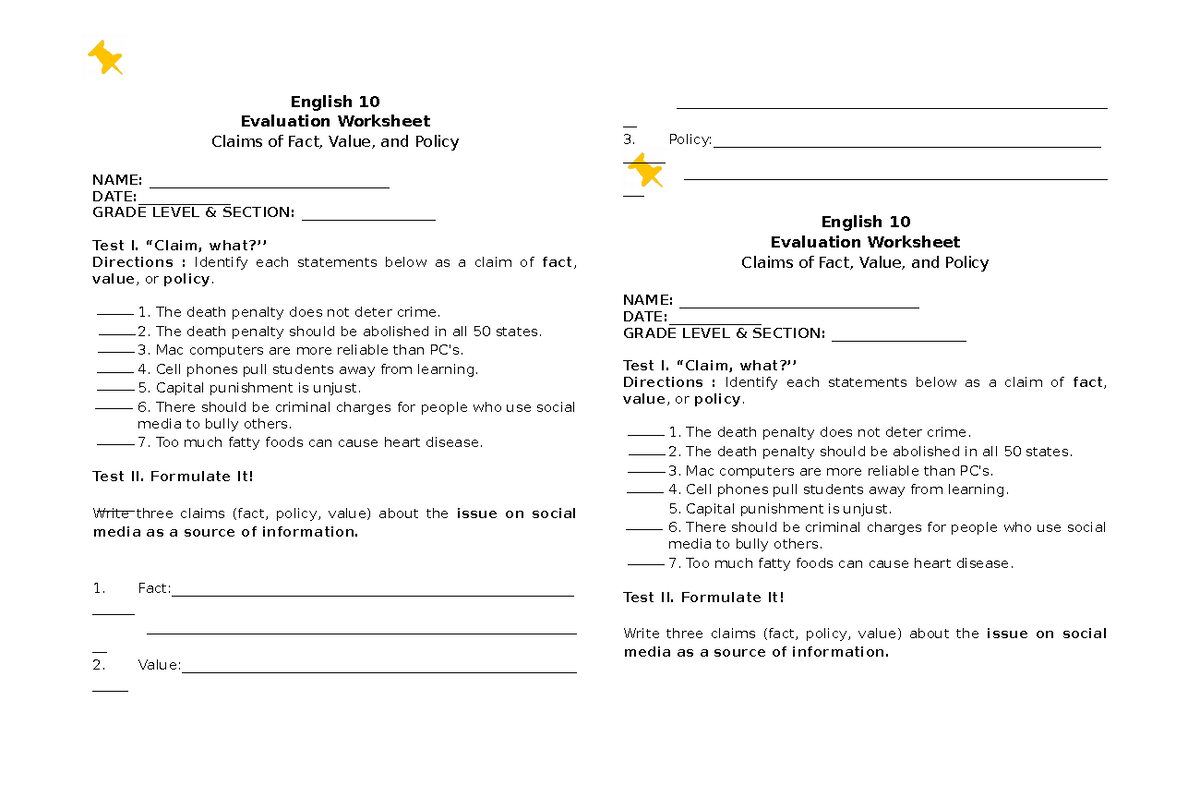 English 10 Worksheet Types of Claims - English 10 Evaluation Worksheet ...