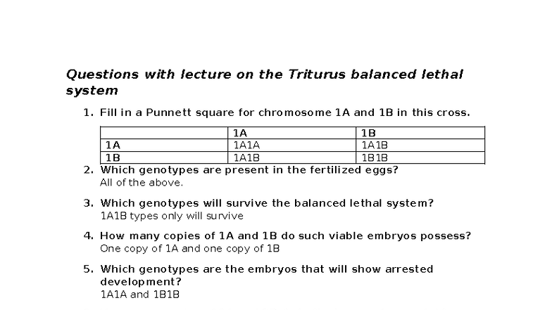 Triturus Lecture Questions: Balanced Lethal System Analysis - Studeersnel
