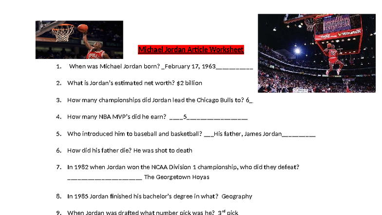 Michael Jordan Article Worksheet: Key Facts & Stats - Studocu