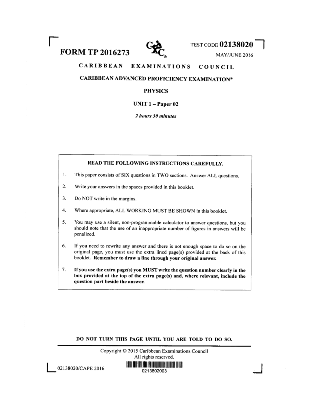 Physics CAPE 2016 Unit 1 Paper 2 Exam Questions and Instructions - Studocu