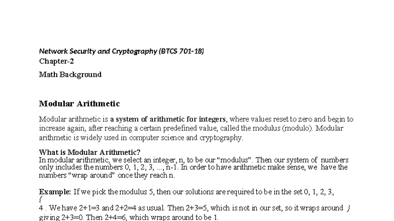 Network Security and Cryptography (BTCS) - Modular Arithmetic and ...