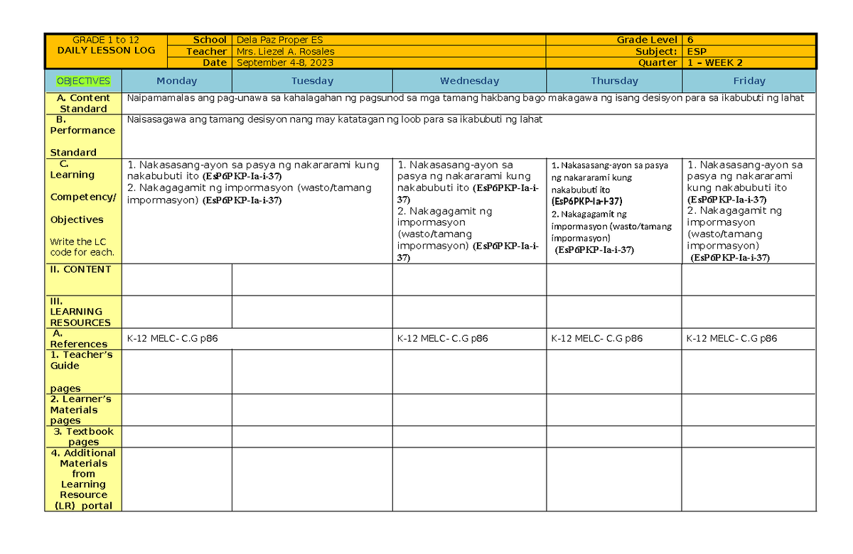 WEEK 2 - DLL Grade 6 ESP Learning Plan Sample (Sept 4-8, 2023) - Studocu