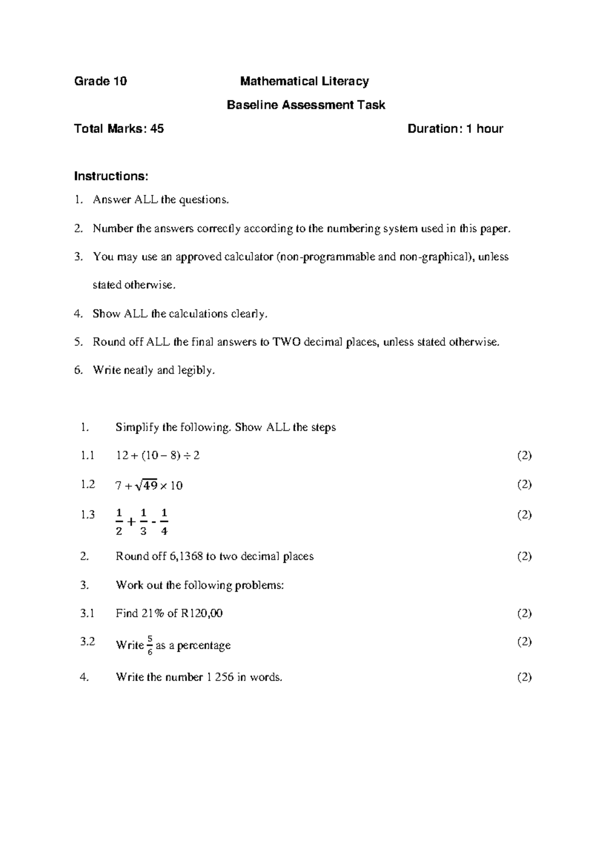 Grade 10 Mathematical Literacy Baseline Assessment Guide - Studocu