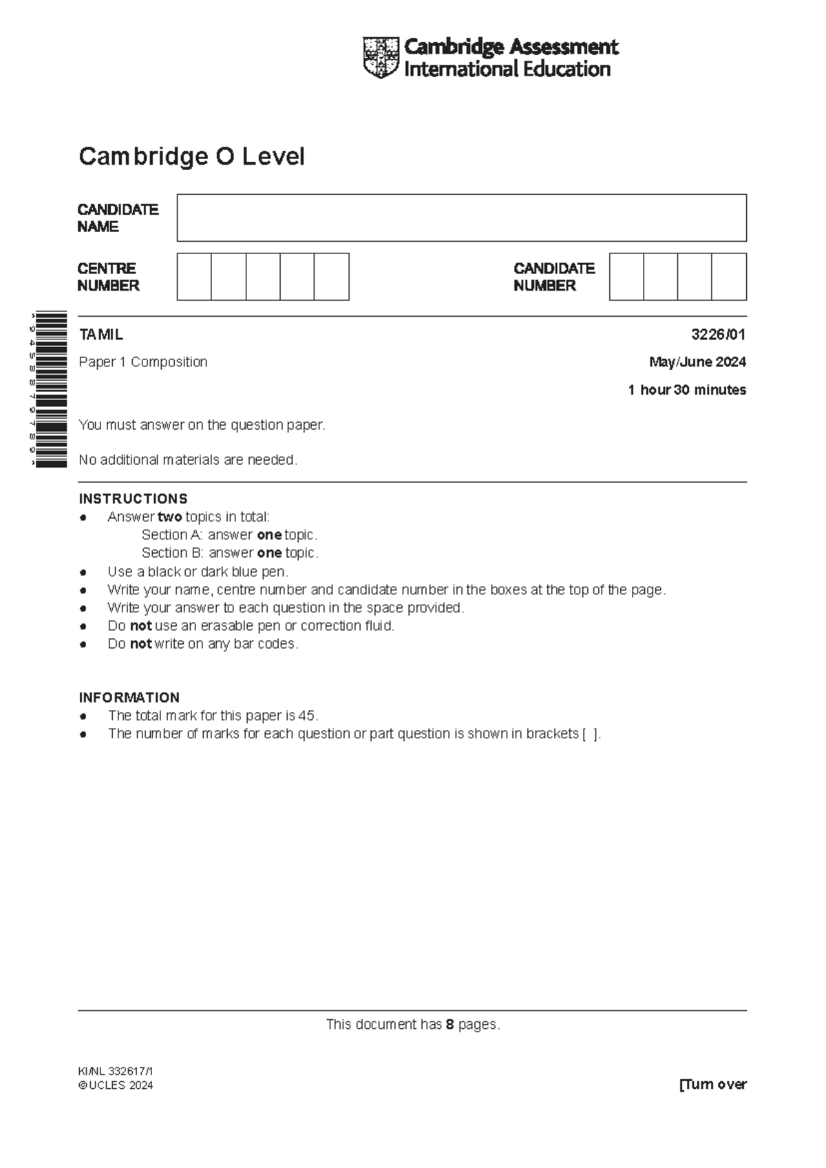 Cambridge O Level 9 4 5 8 8 7 9 7 8 9 TAMIL 2024 Paper 1 Composition ...
