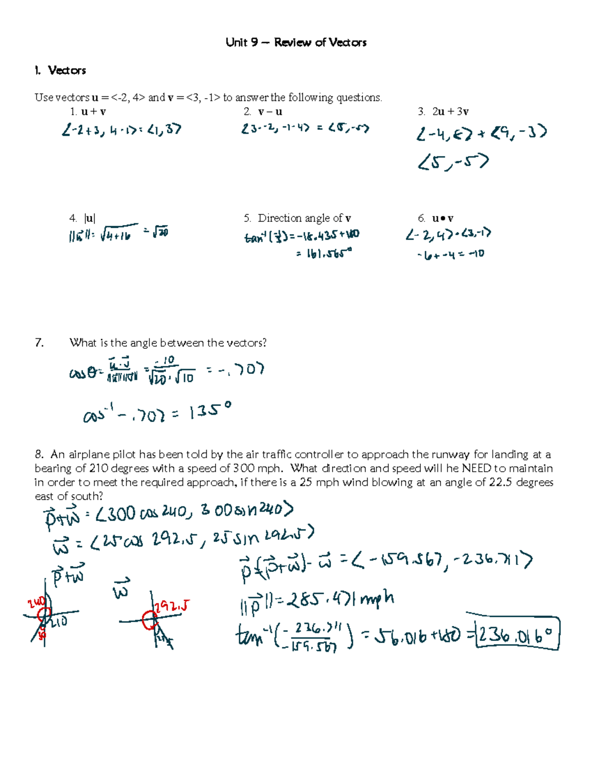 Unit 9 Review Of Vectors Key-1 - Unit 9 ~ Review of Vectors I. Vectors ...