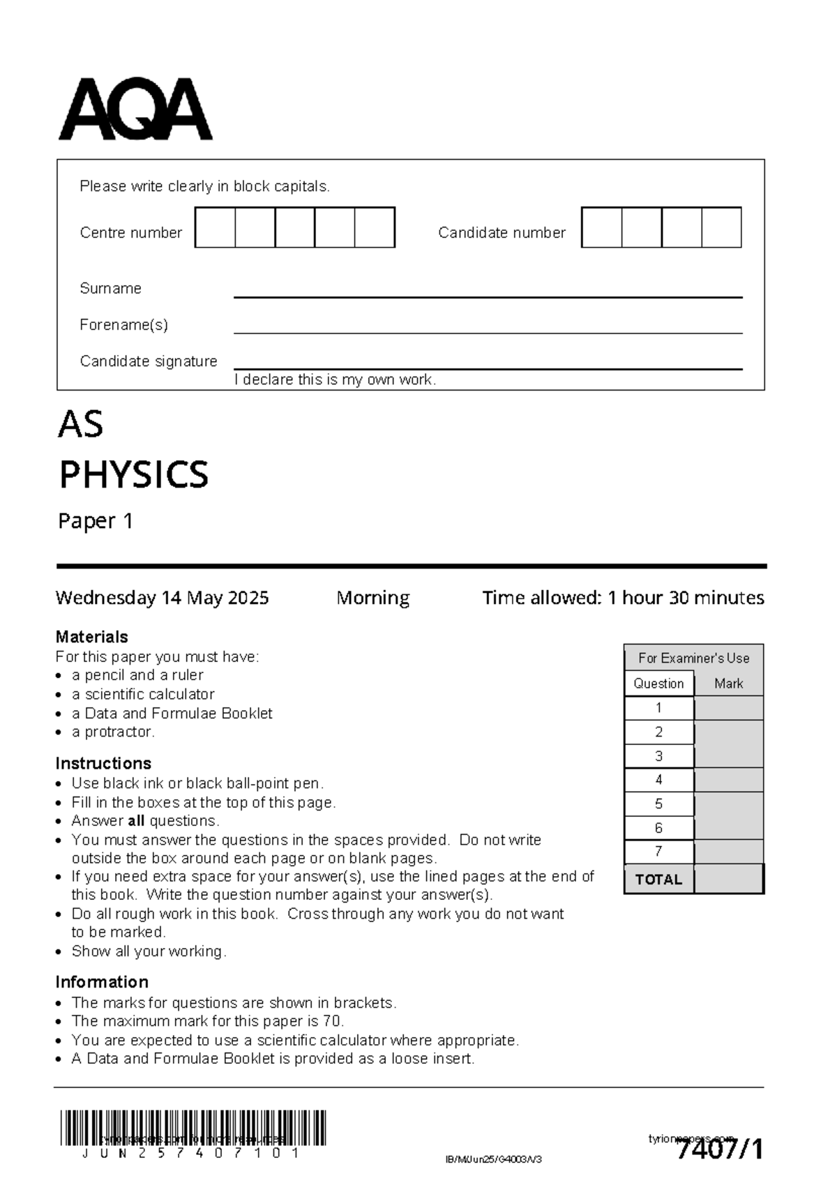 AQA AS Level Physics JUNE 2025 Paper 1 Solutions - Studocu