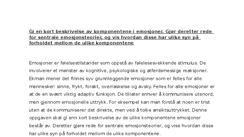 Emosjoners komponenter og teorier: En oversikt (PSY101) - Studocu