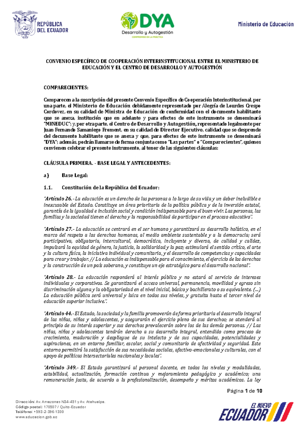 Convenio Específico de Cooperación Interinstitucional MinEduc-DYA 2024 ...