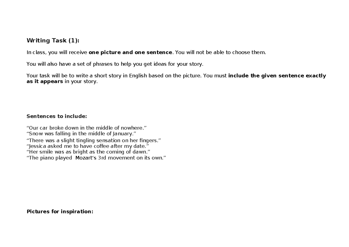 Writing Task (1): Short Story Creation Based on Given Picture - Studocu