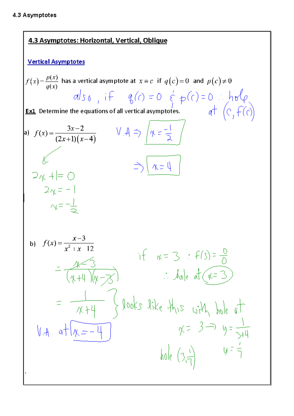 4.3 Asymptotes Completed Note - 4 Asymptotes 4 Asymptotes: Horizontal ...