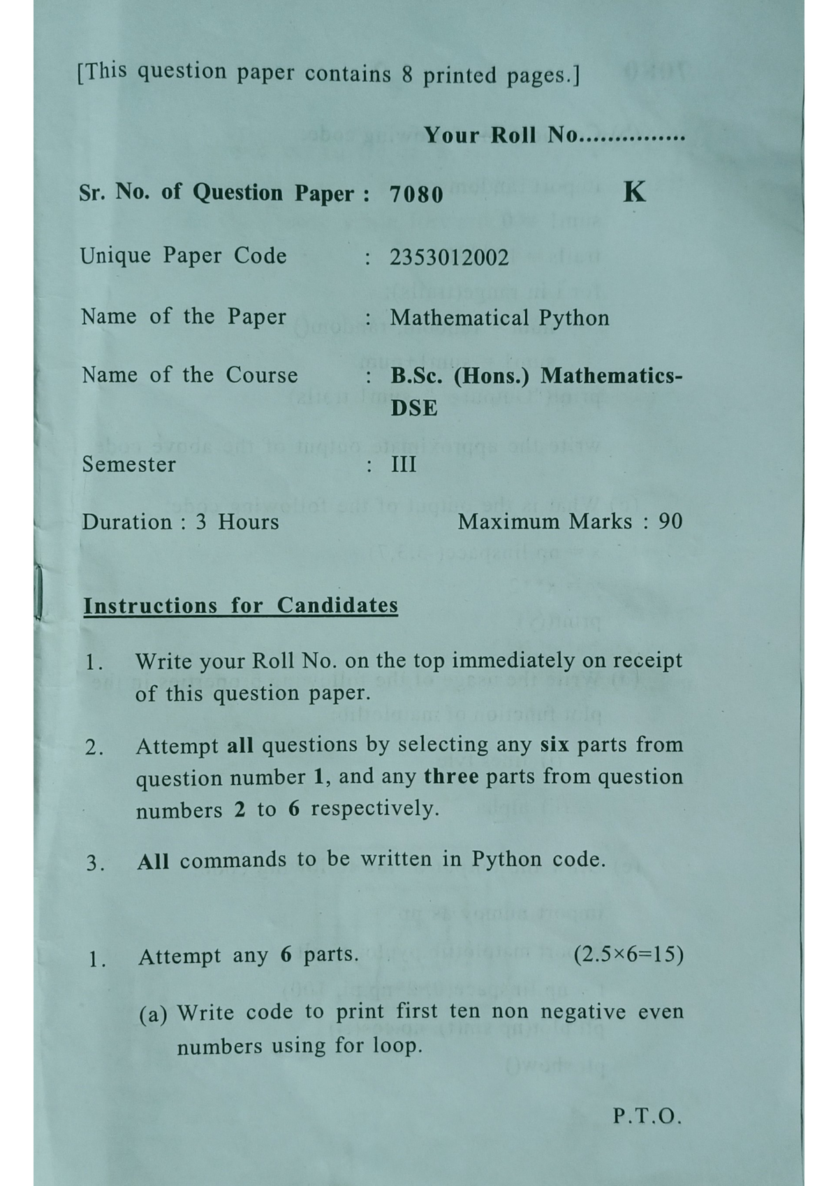 Mathematical Python - B.Sc. (Hons.) DSE Semester Question Paper - Studocu
