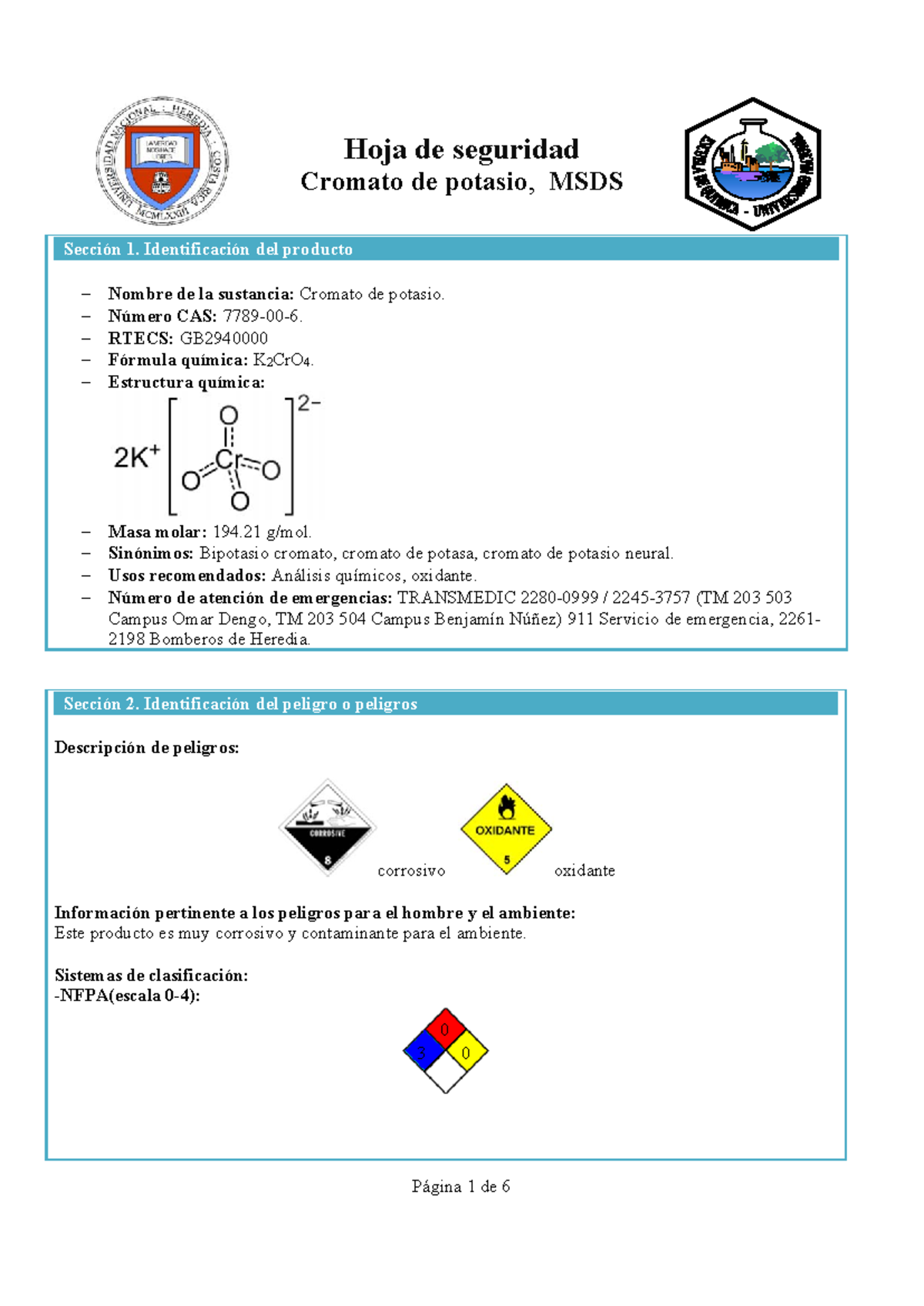 Hoja de Seguridad de Cromato de Potasio - MSDS (CAS 7789-00-6) - Studocu