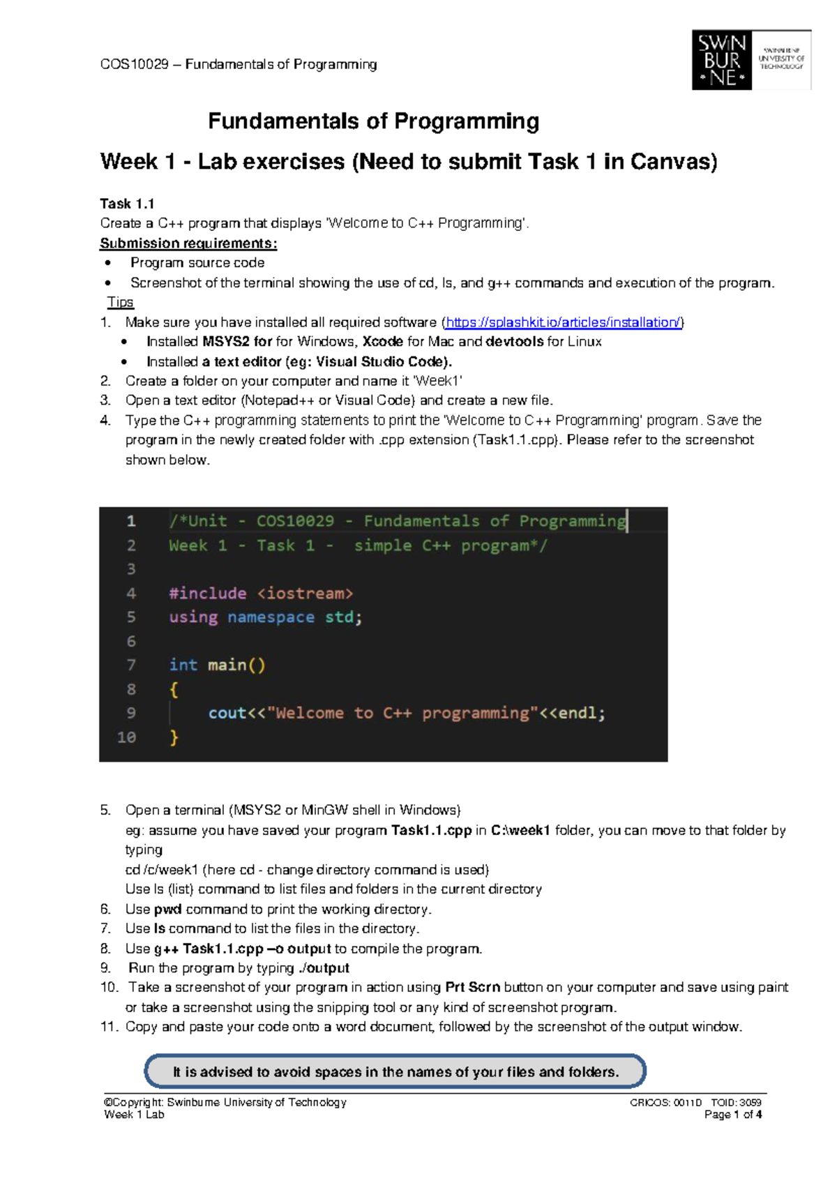 COS10029 Week 1 Lab - C++ Programming Basics and Task Submission Guide ...