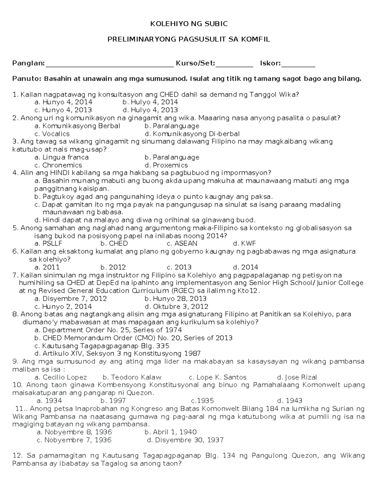 KOMFIL 101 Prelim - Sample Exercises and Questions on Filipino Language ...