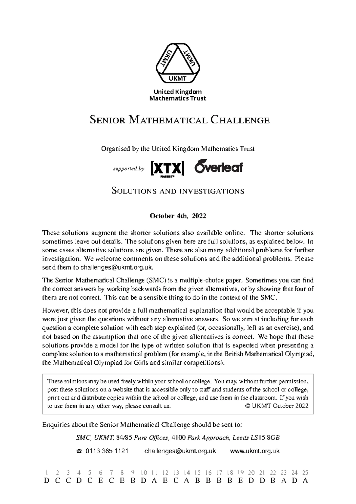 SMC 2020 Extended Solutions for the Senior Mathematical Challenge - Studocu