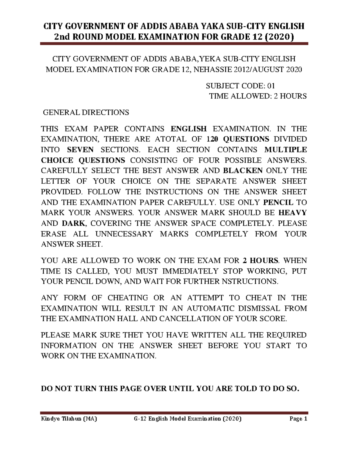 Grade 12 English Model Exam: 2nd Round (2020) - Studocu