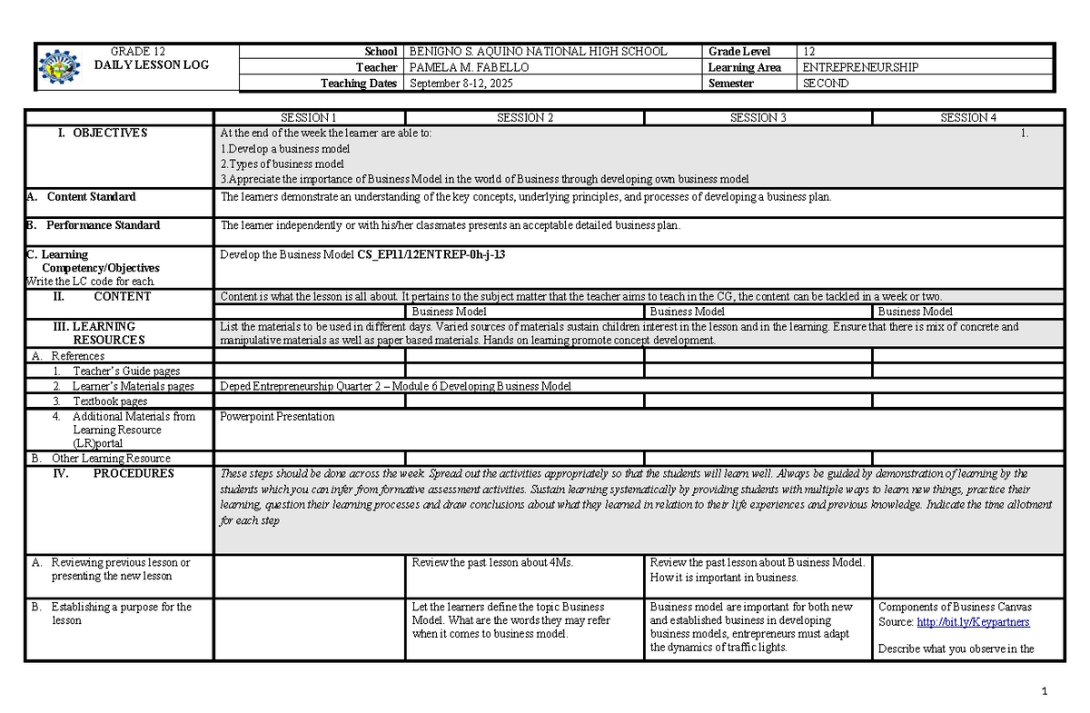 GRADE 12 DLL: Developing Business Model in Entrepreneurship - Studocu