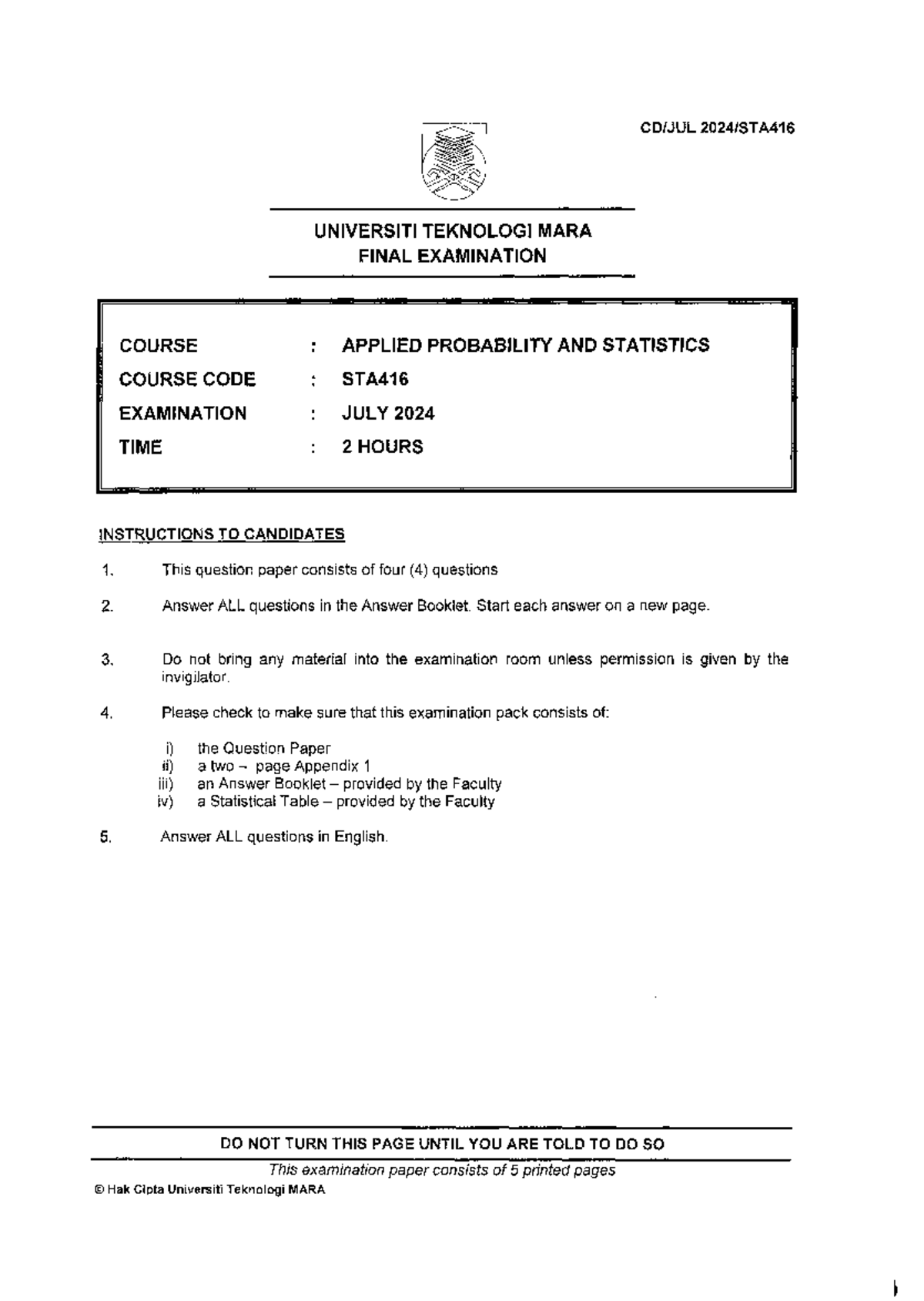 Final Exam STA416: Applied Probability & Statistics July 2024 - Studocu