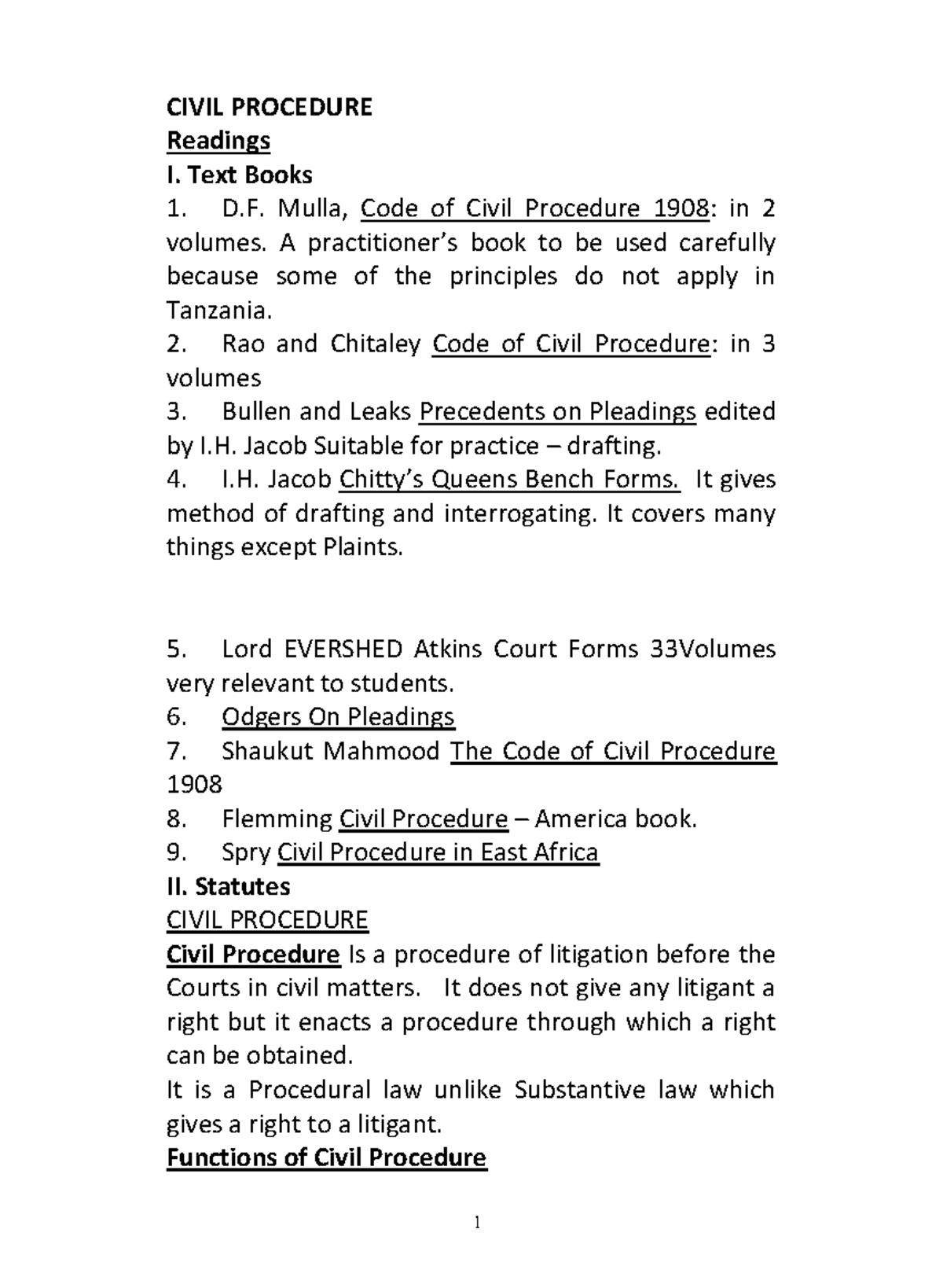 CIVIL PROCEDURE Notes: Key Readings and Concepts for Understanding ...