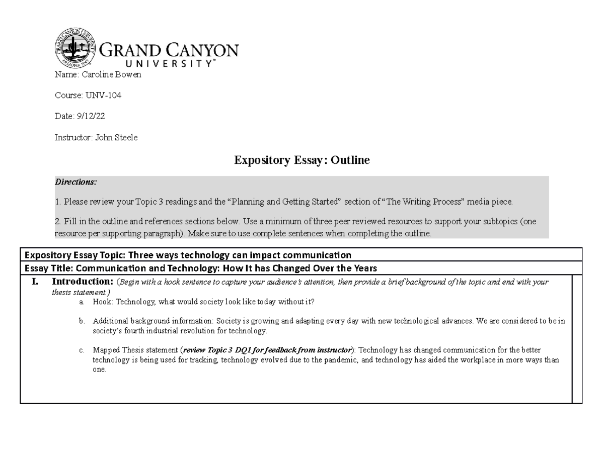 UNV-104 T3 Expository Essay Outline: Impact of Technology on ...