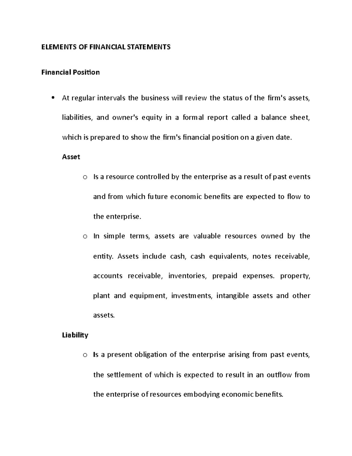 Elements of Financial Statements: Financial Position Overview - Studocu
