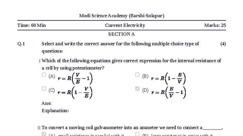 Modi Science Academy (BSA) Current Electricity Answer Key - 60 Min - Studocu