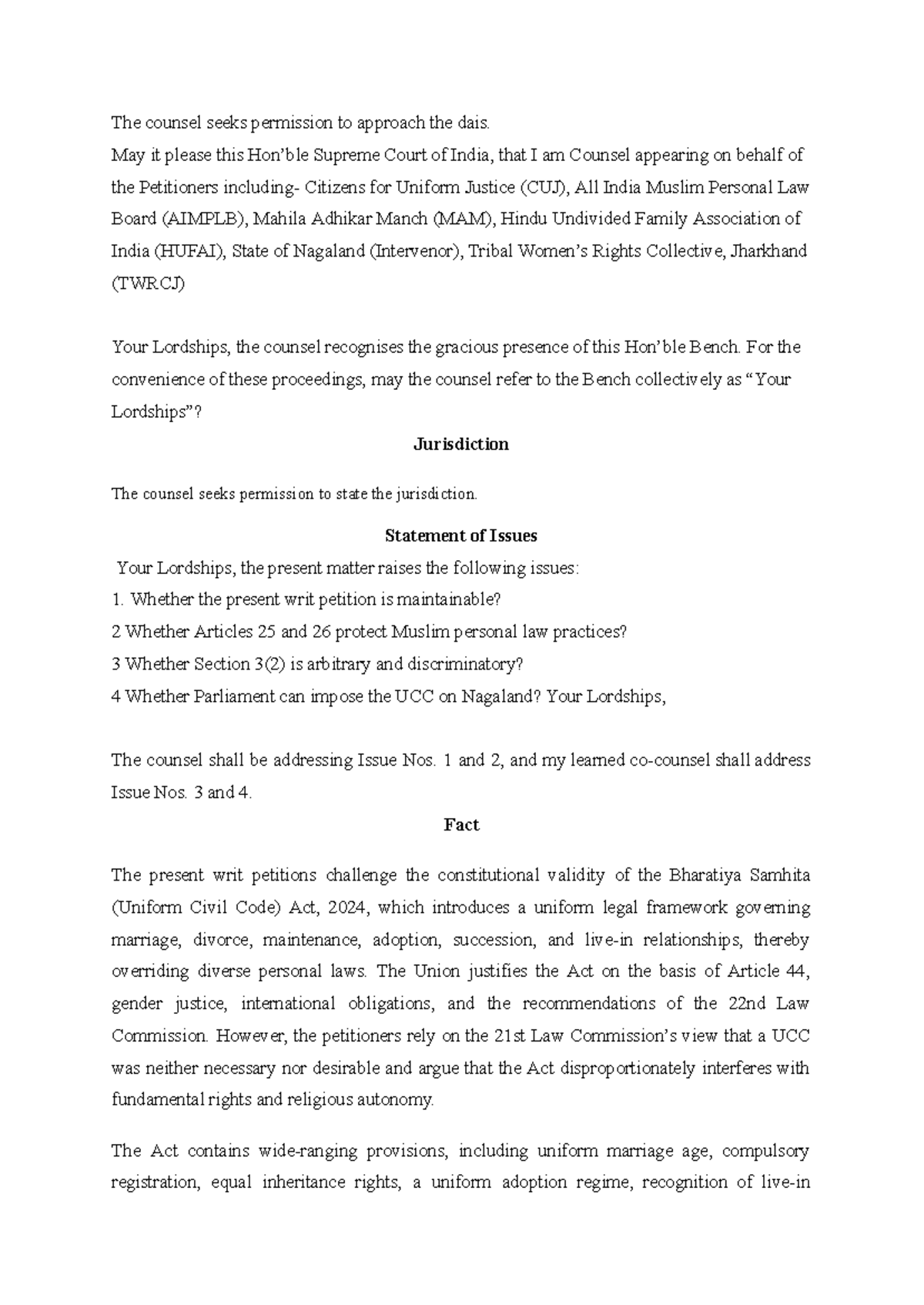 Petitioner Argument on UCC Act: Legal Challenges & Religious Rights ...