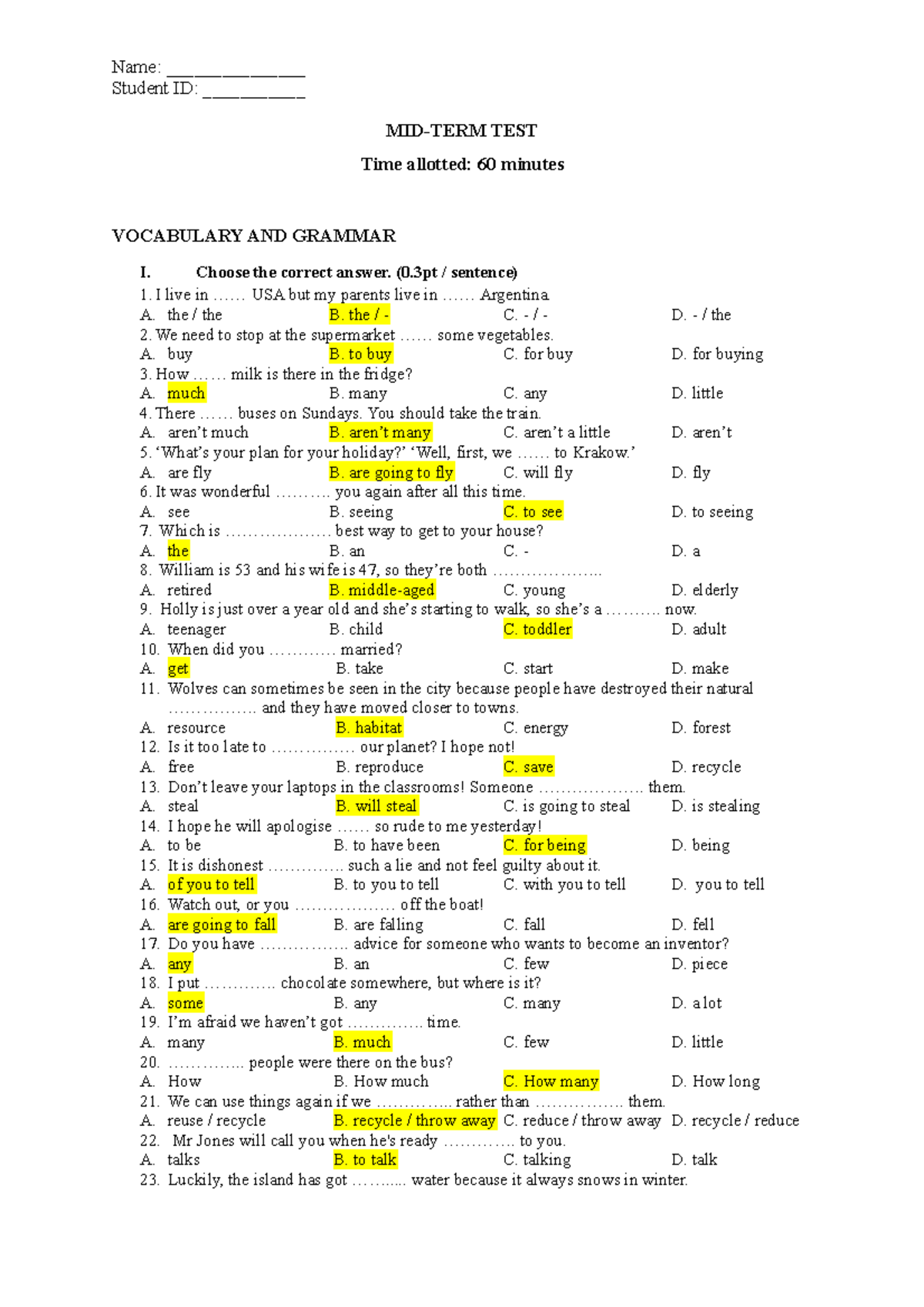 Mid-term Exam AV2: Vocabulary and Grammar Practice - Studocu