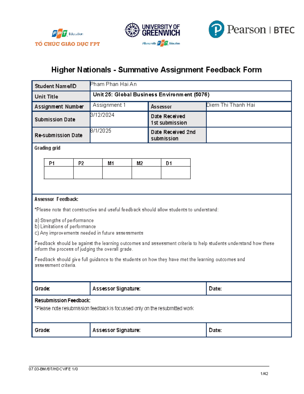 Unit 25: Global Business Environment (5076) Summative Feedback Form ...