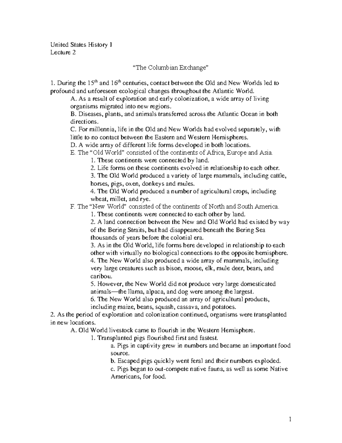 United States History I: Lecture 2 - The Columbian Exchange - Studocu
