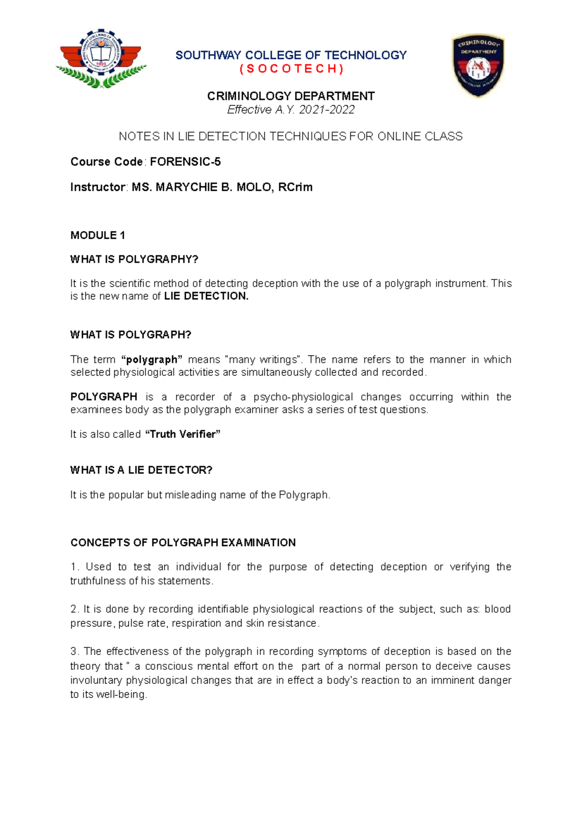Forensic-5 Module 1: Notes on Lie Detection Techniques - Studocu